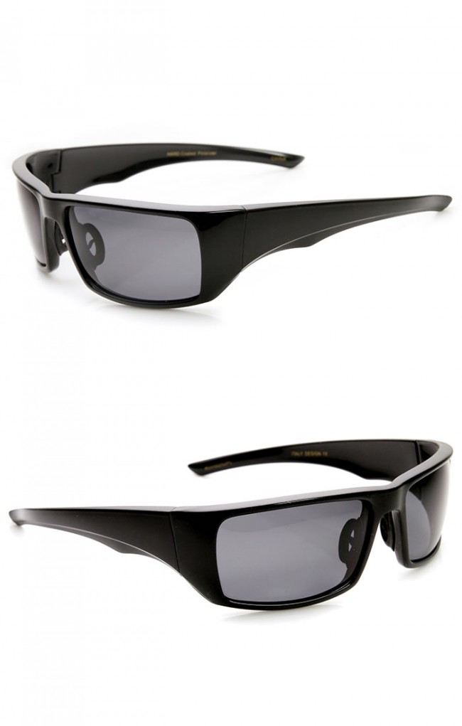 Polarized Lens Action Sports Brilliant Black Sports Wrap Sunglasses