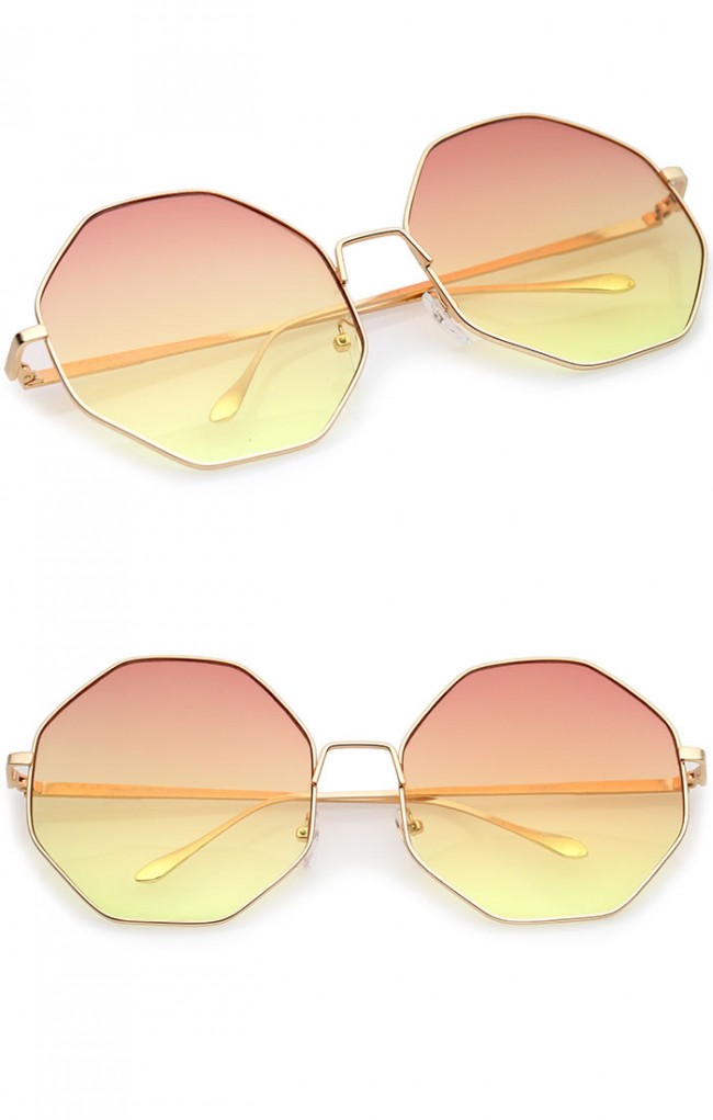 Oversize Metal Frame Slim Temple Colored Lens Hexagon Sunglasses 63mm