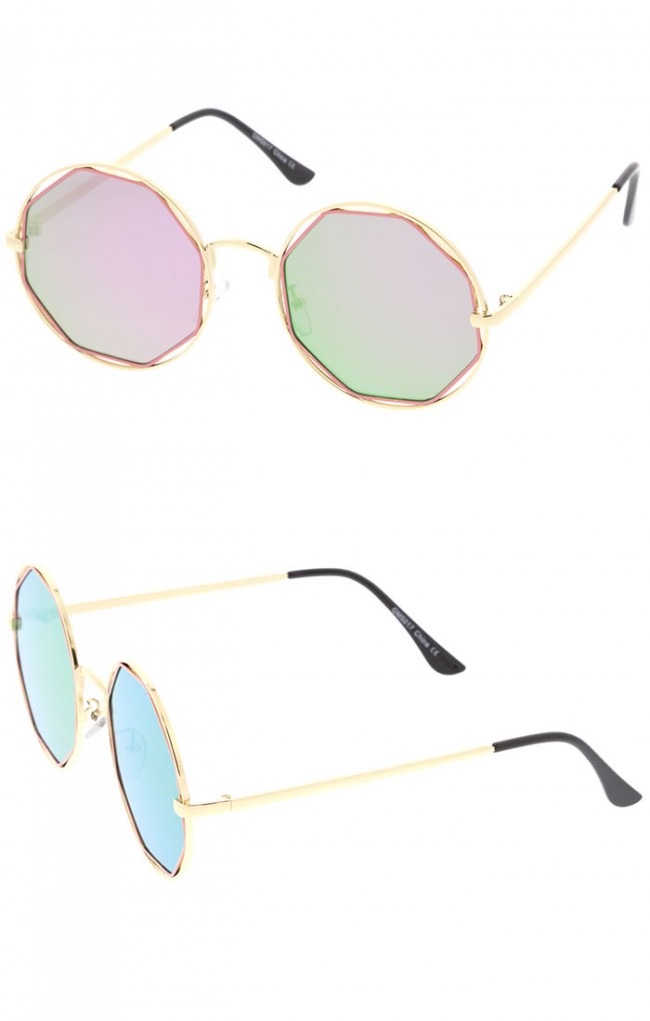 Retro Oversize Metal Frame Cutout Octagon Mirror Lens Round Sunglasses 53mm