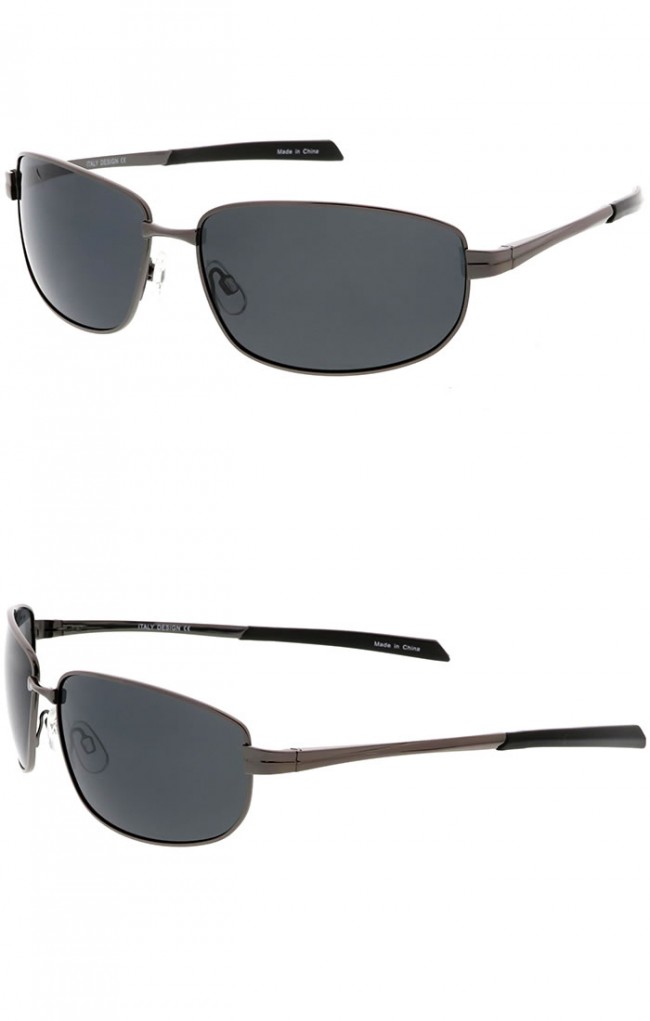 Wrap Around Rubberized Arm Tip Polarized Lens Rectangle Sunglasses 63mm